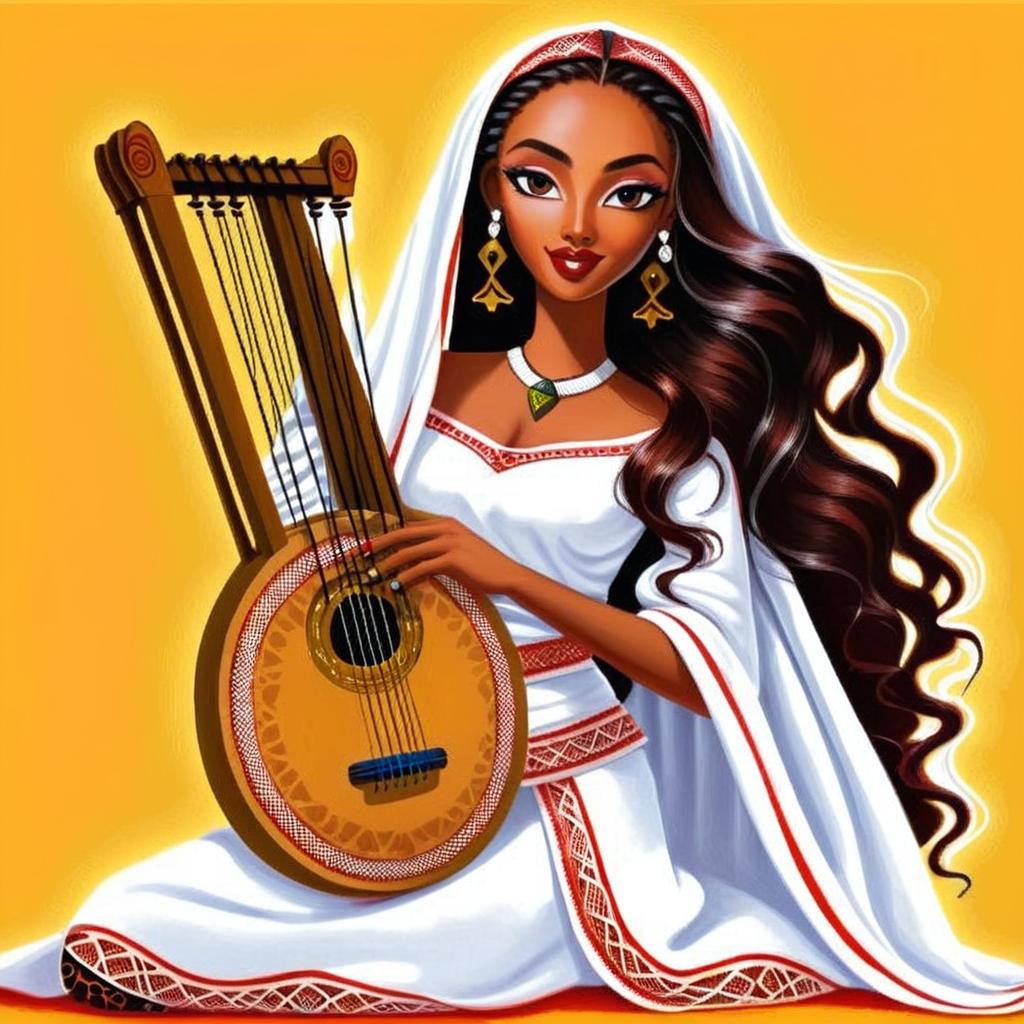 Vibrant Painting of an Ethiopian Woman Playing the Krar