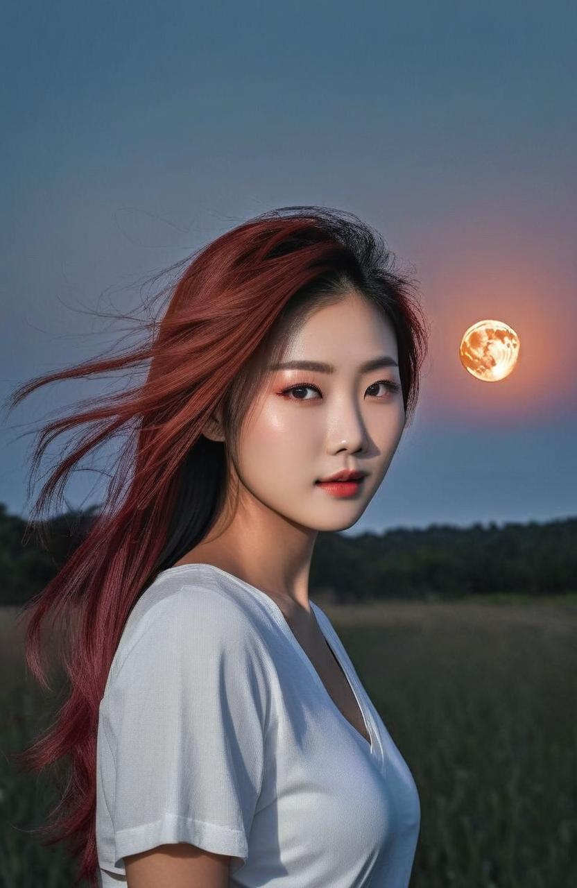Ethereal Beauty: Woman with Red Hair during Lunar Eclipse