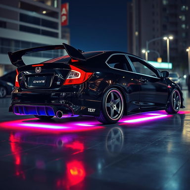 Sleek Black Honda Civic EJ1 with LED Underglow Nighttime Urban Scene