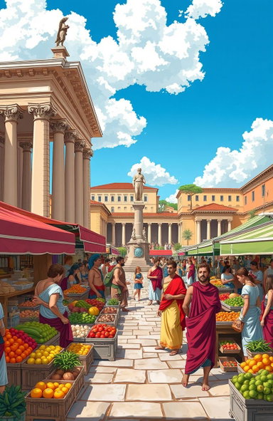 Vibrant Illustration of an Ancient Roman Marketplace
