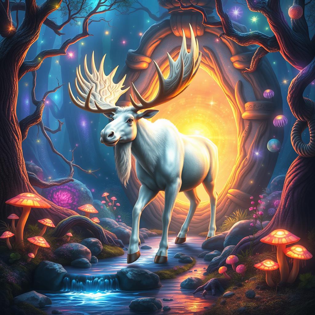 Enchanted Entry: Majestic White Moose & Magical Portal