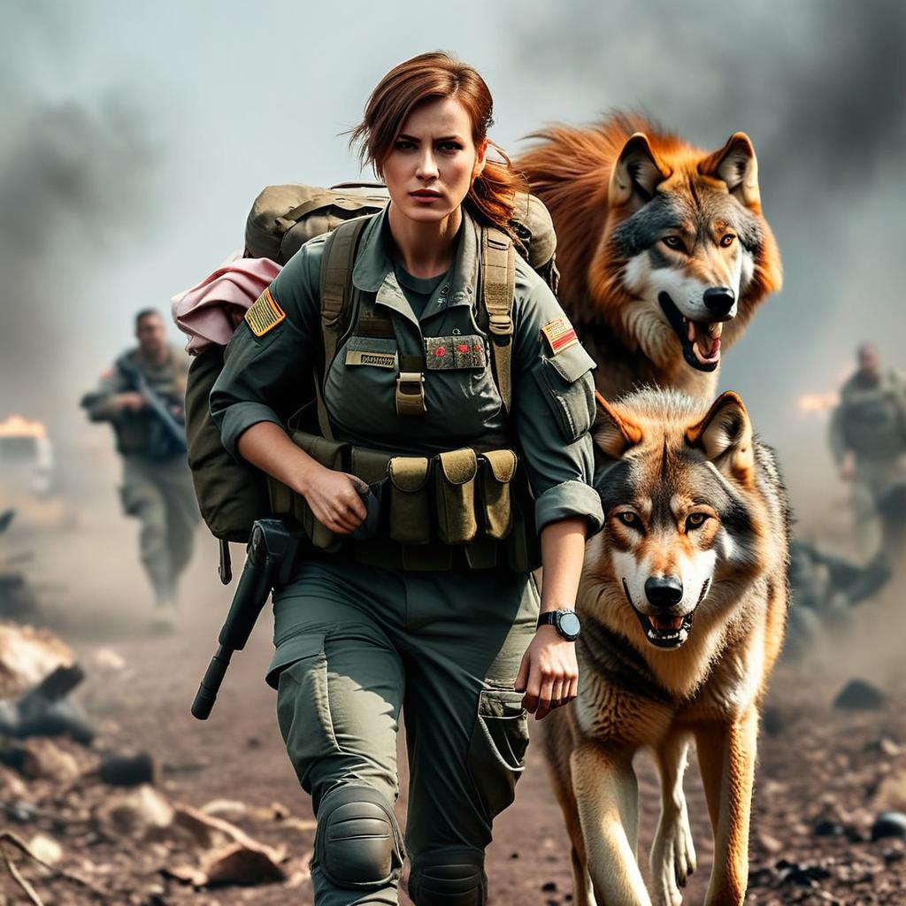 Heroic Rescue: Female Army Medic and Giant Wolf in Battle Zone