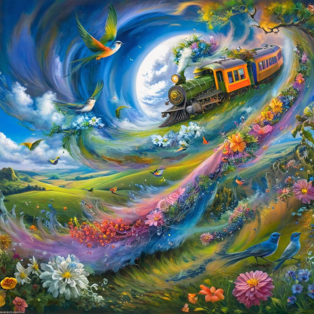 Idyllic Landscape: A Train Surrounded by Blooms and Birds