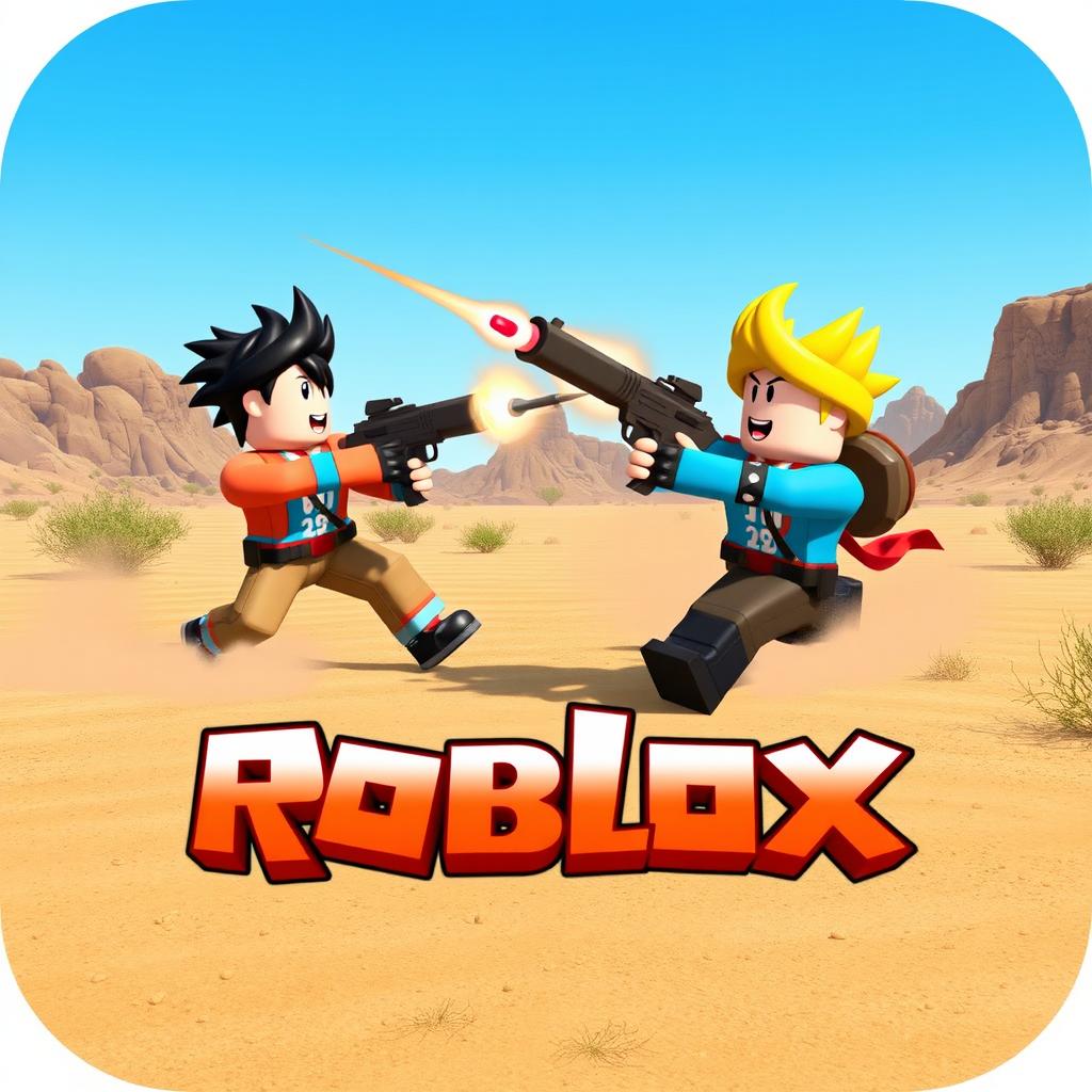 Dynamic Roblox Game Icon: Epic Gunfight in Desert Landscape