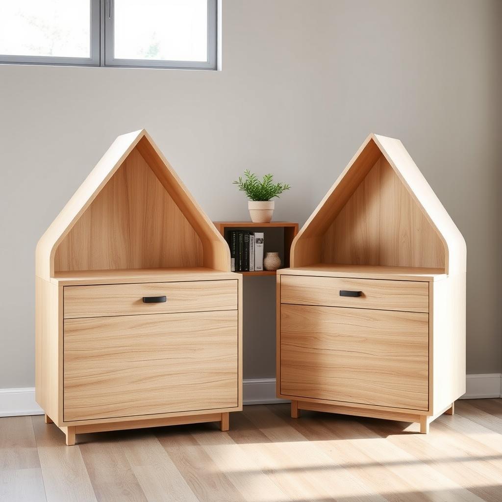 Stylish Triangular-Headed Study Cabinets in Light Oak