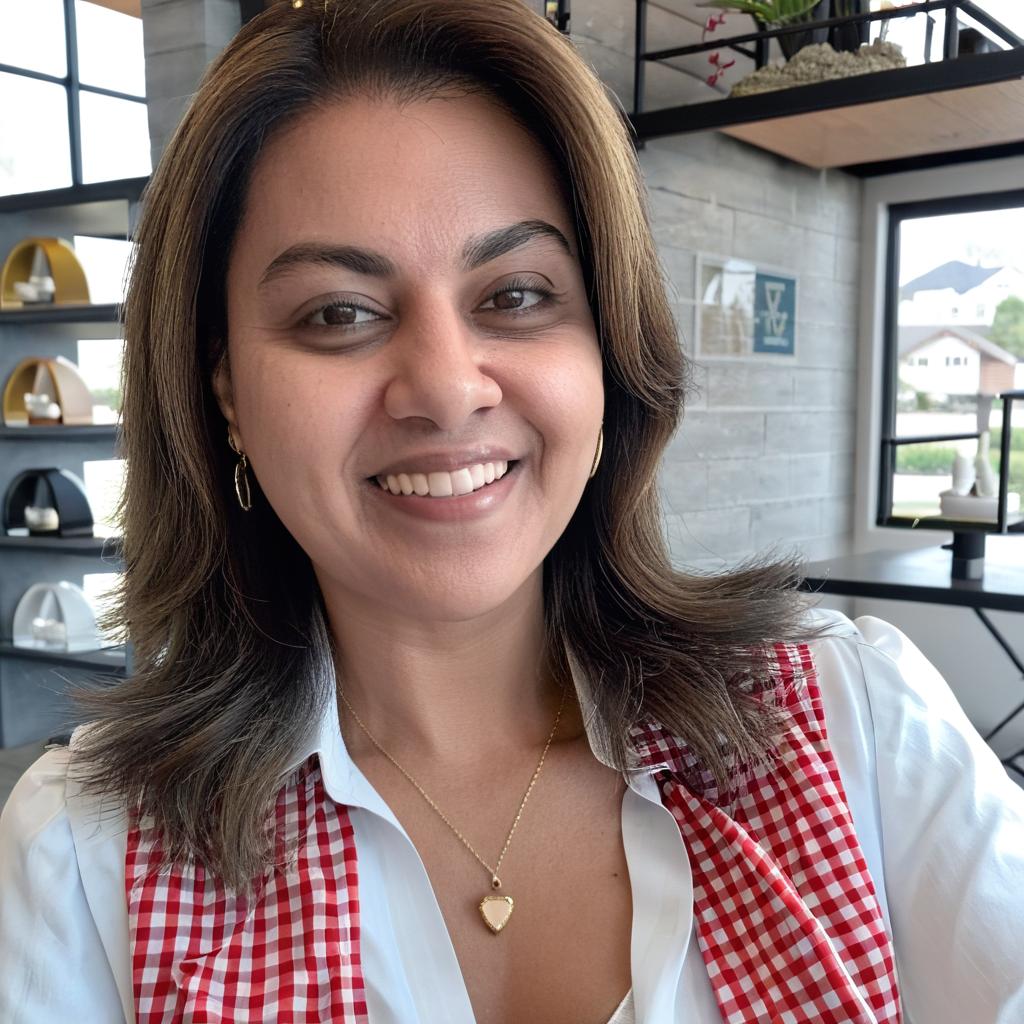Charming Cafe Portrait of a Young Woman in Gingham Dress