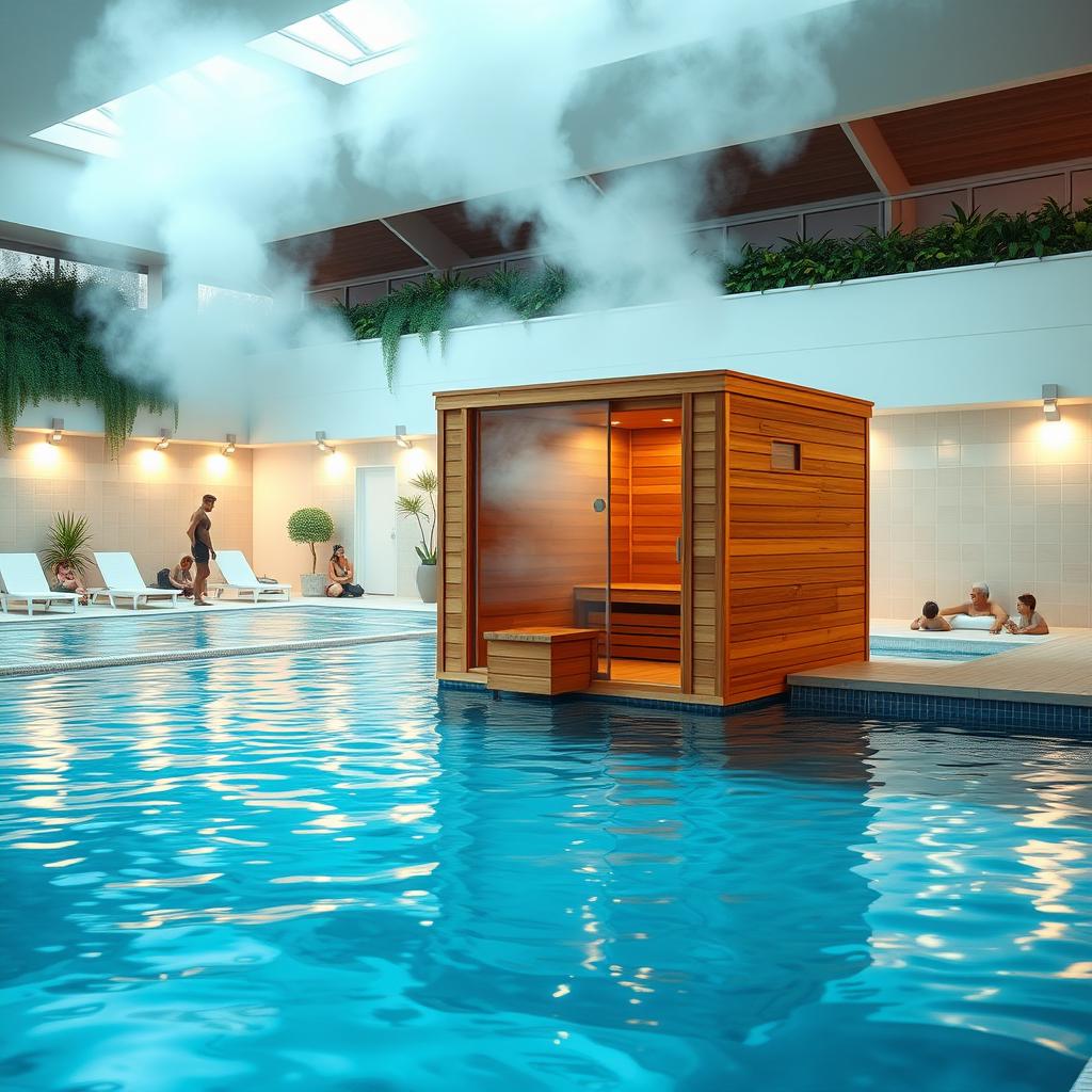 Tranquil Oasis: Serene Public Swimming Pool with Steam Sauna