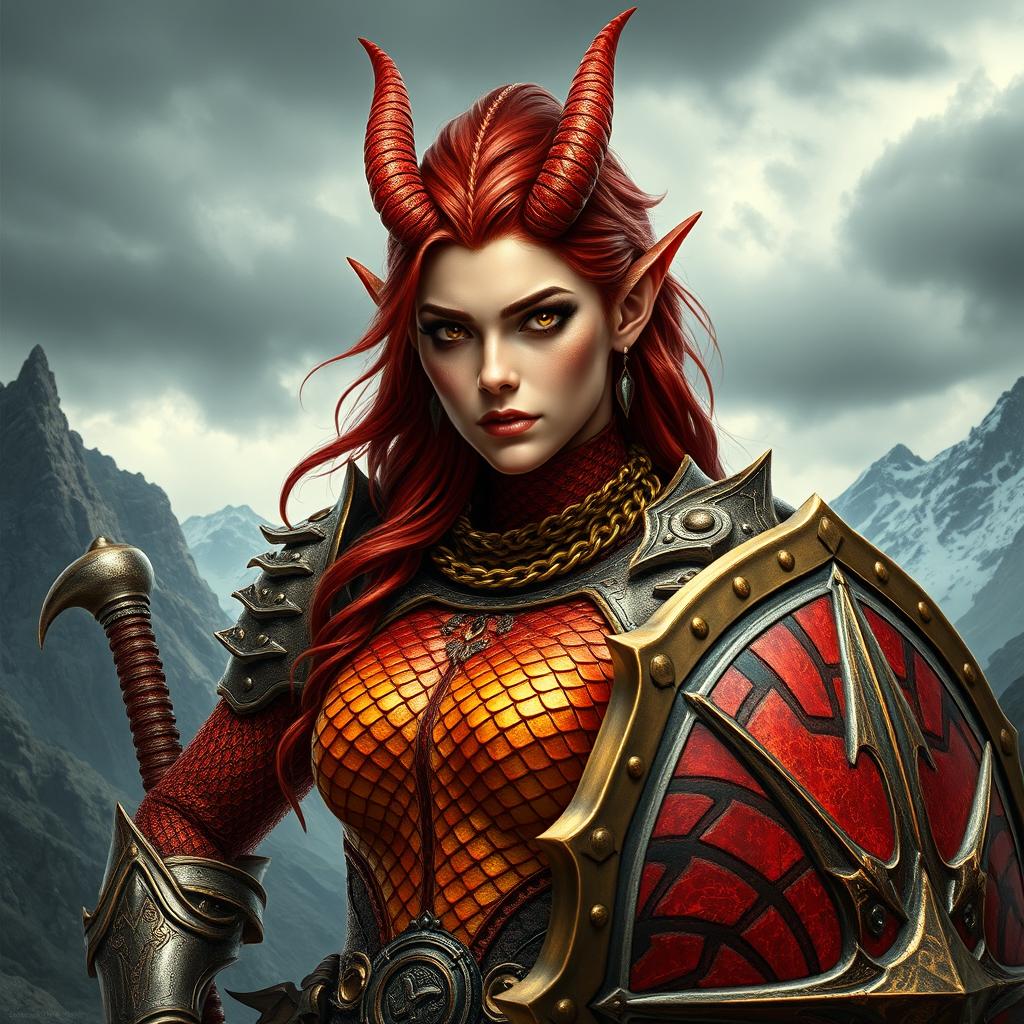 Stunning Female Dragonborn Warrior in Gleaming Chainmail