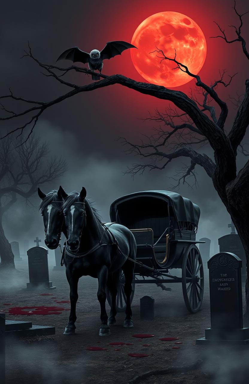 Chilling Nightfall: Abandoned Graveyard Under a Blood-Red Moon
