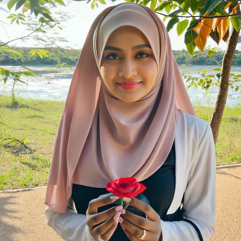 Serene Beauty: Young Woman in Royal Blue Hijab Holding Flowers
