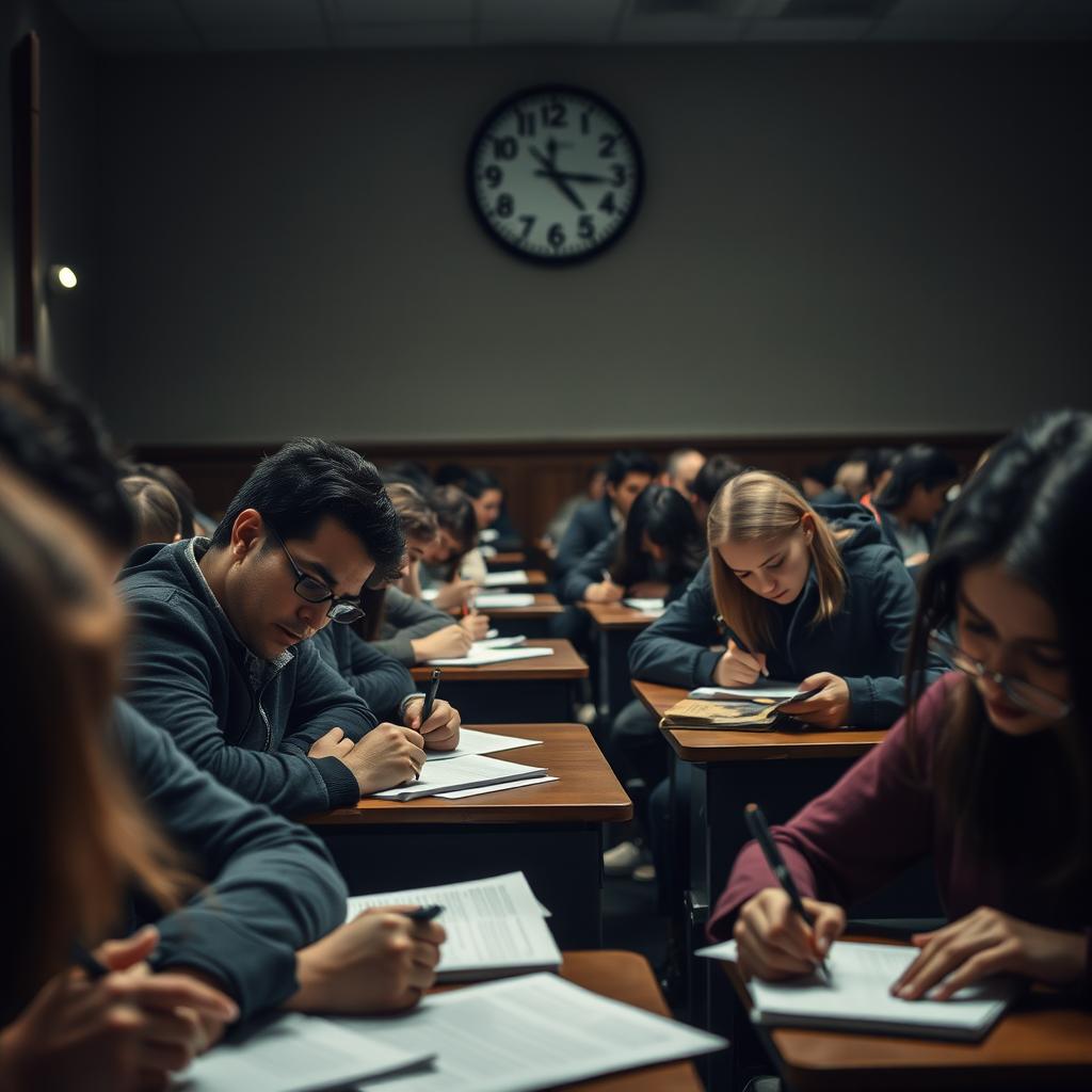 Dramatic University Exam Hall Scene: Focus and Tension Unleashed