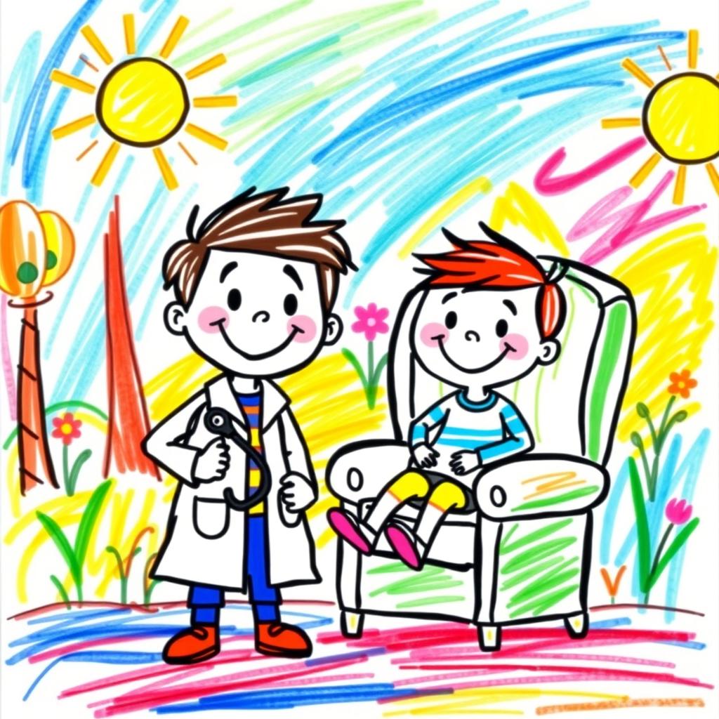 Whimsical Doctor and Patient: A Colorful Children's Drawing
