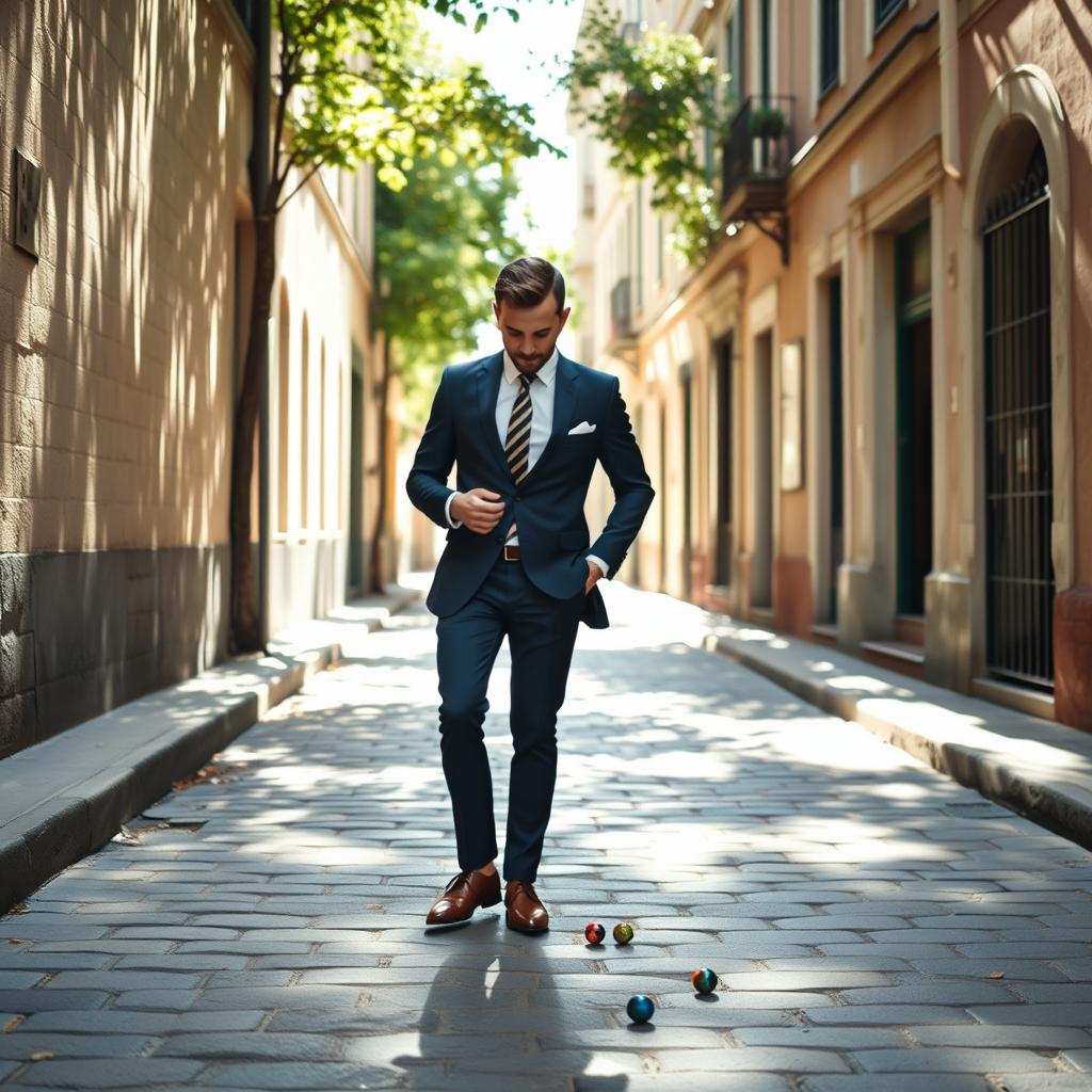 Charming Leisure: A Dapper Man Playing Marbles