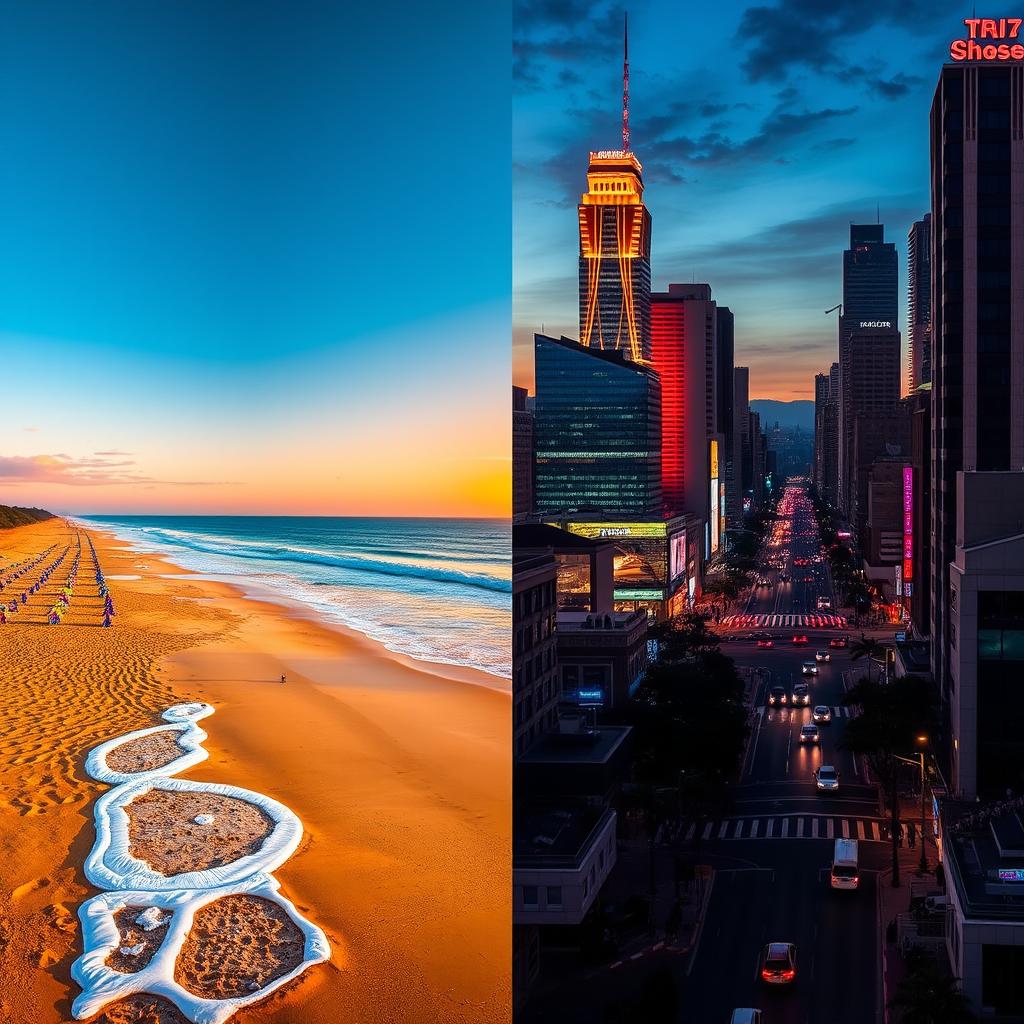 Serene Beach Sunset vs. Vibrant City Night: A Stunning Visual Contrast