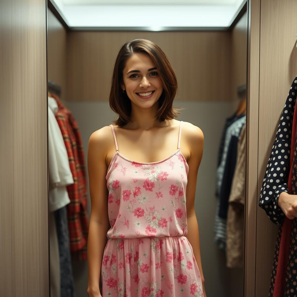 Chic & Playful: Pink Floral Sundress in Fitting Room
