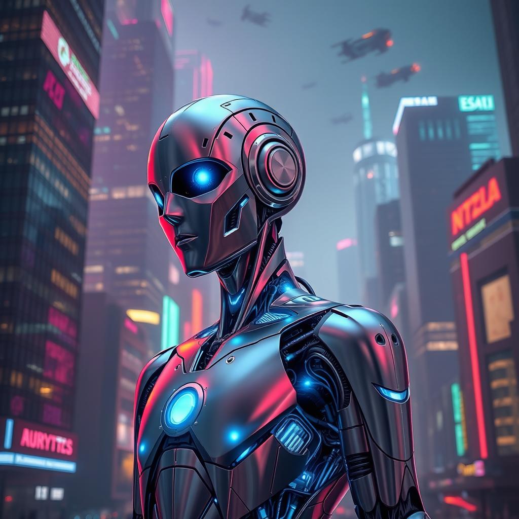 Explore the Future: Humanoid Robot in a High-Tech Cityscape