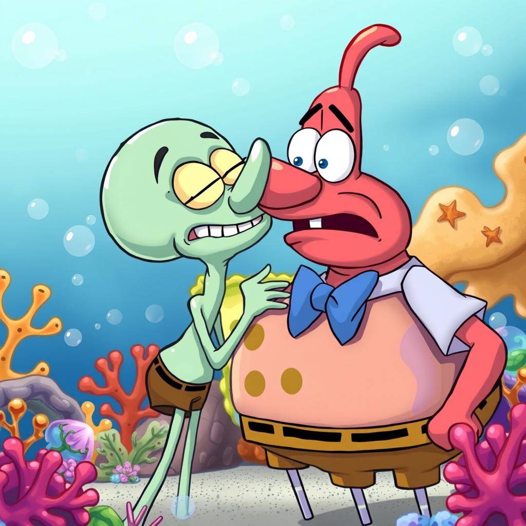 Whimsical Comedy: Calamardo & Don Cangrejo's Playful Underwater Kiss