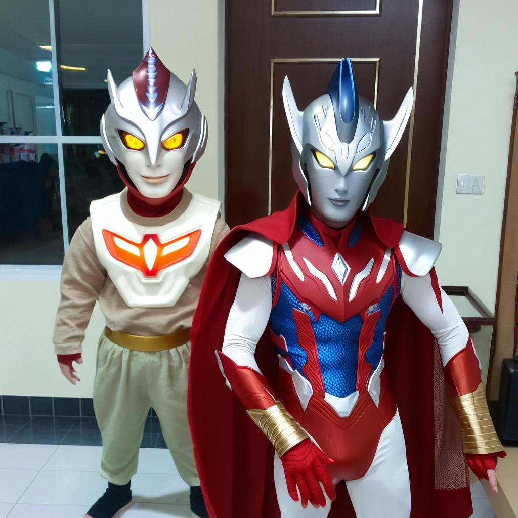 Playful Ultraman Adventure: Kids in Costumes with Action Figures