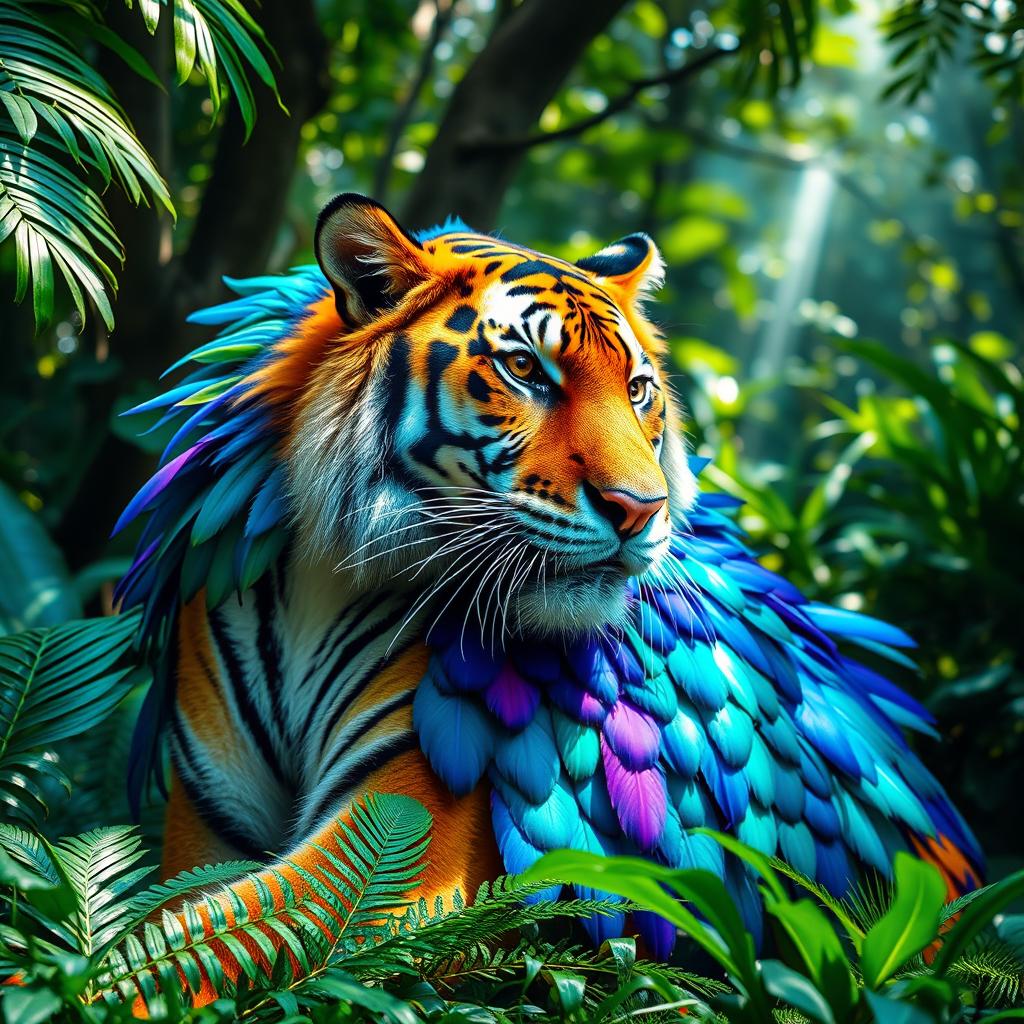 A Majestic Bengal Tiger with Vibrant Feathers