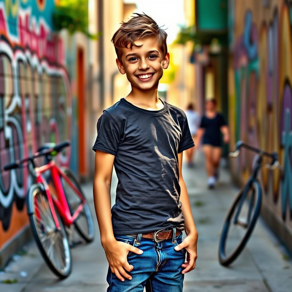 Confident Style: A Slim Boy in a Vibrant Urban Setting