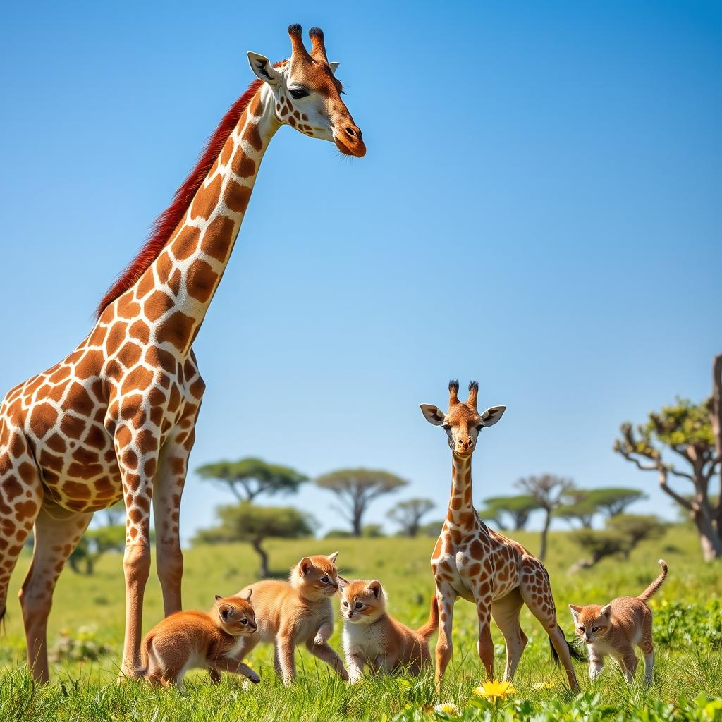Heartwarming Savanna Scene: Mother Giraffe & Kittens