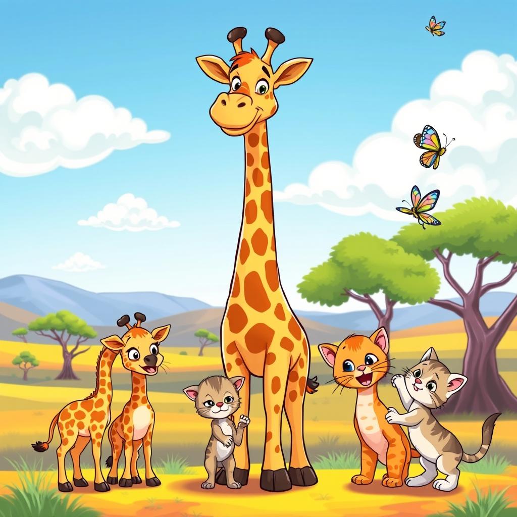 Whimsical Giraffe Family in a Colorful Cartoon World