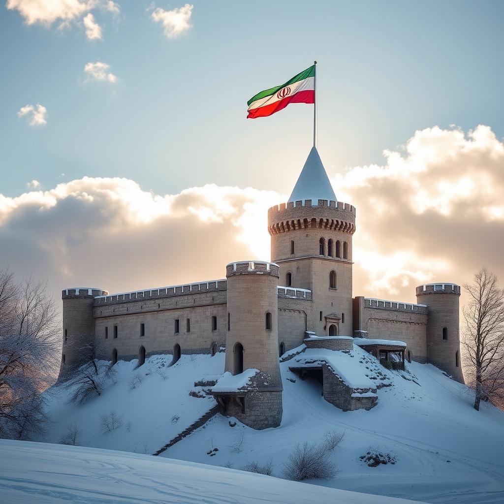 Majestic Winter Castle with Iranian Flag