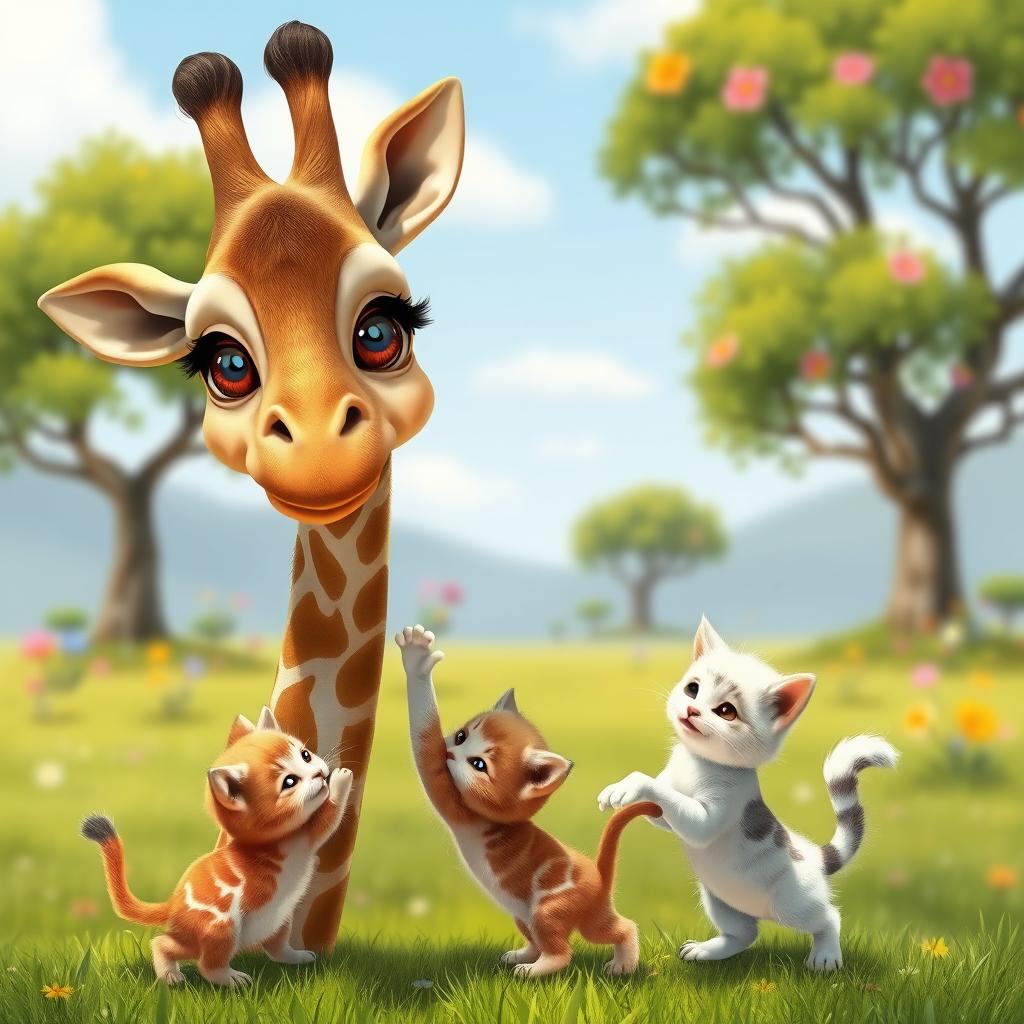 Whimsical Playtime: Giraffe Meets Kittens