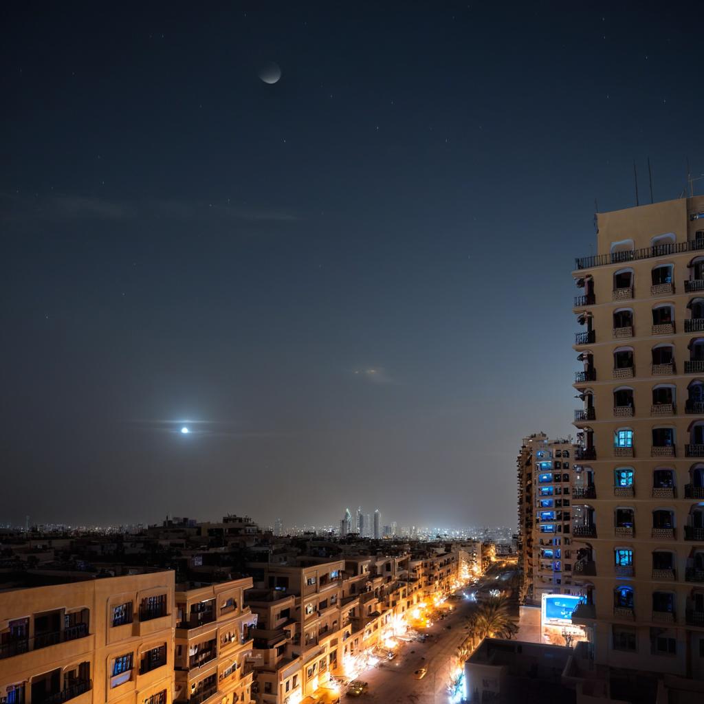 Stunning Night Cityscape: A Vibrant Urban Landscape Under the Moonlight