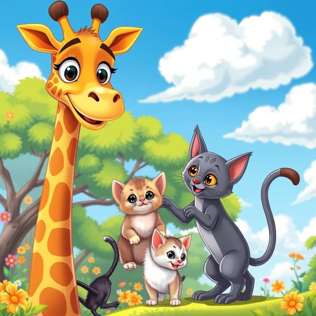 Whimsical Wildlife: Giraffe, Cat & Kittens in a Colorful Cartoon World