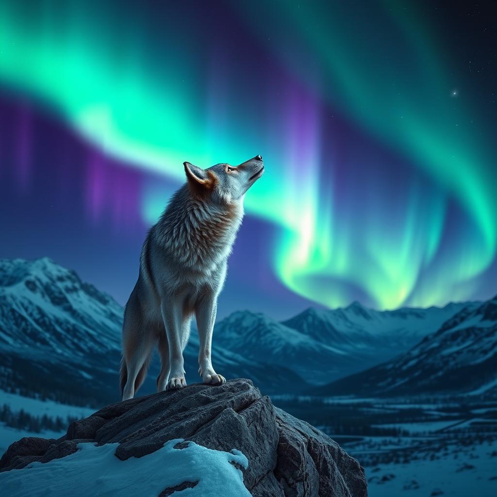 Lone Wolf Under the Northern Lights: A Majestic Moment