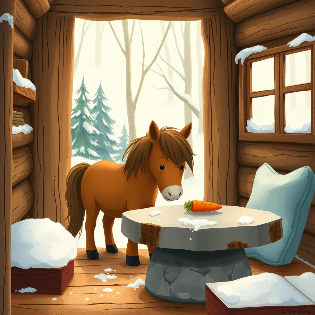 Charming Winter Cabin Scene with a Cute Pony