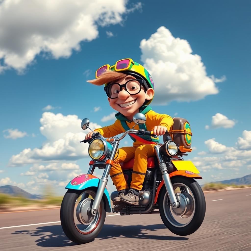 Joyride: Whimsical Character on a Colorful Motorcycle