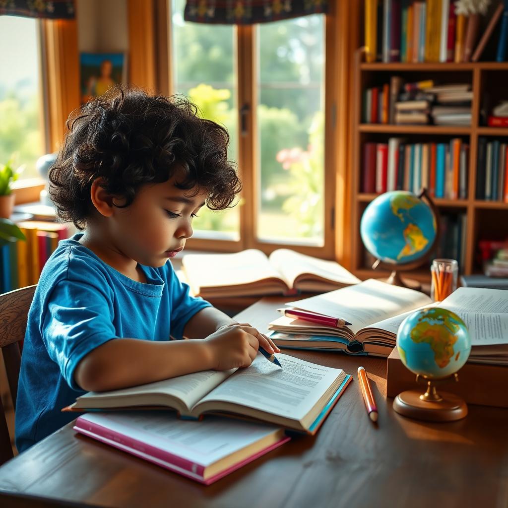 A Cozy Study Moment: Child Learning in Sunlit Space