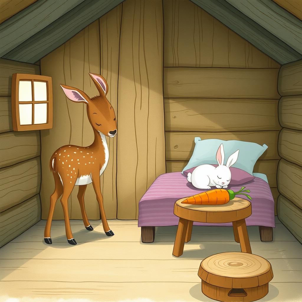 Serene Cabin Retreat: Fawn and Sleeping Rabbit
