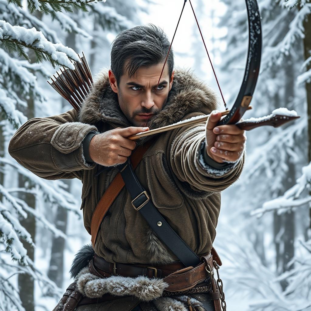 Epic Fantasy Hunter in a Snowy Forest