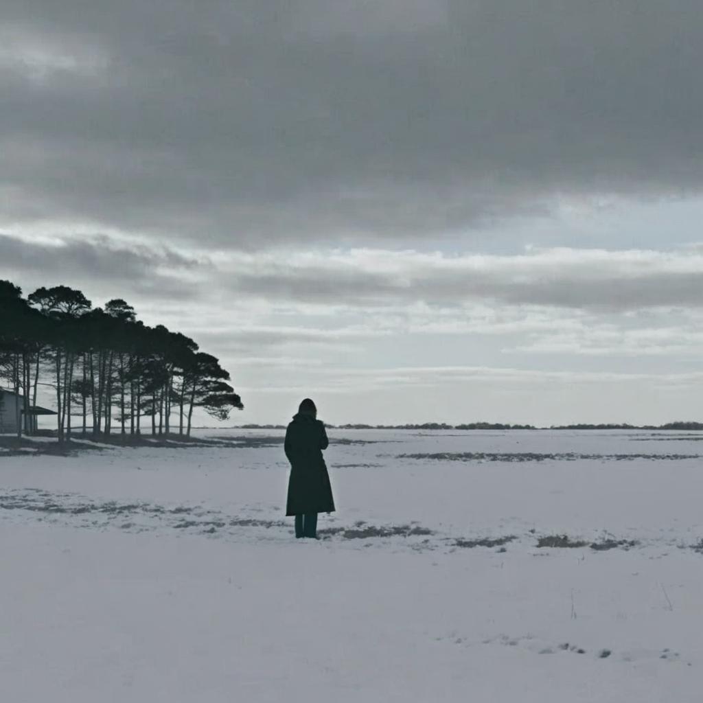 Ethereal Solitude: A Cloaked Figure in a Snowy Landscape