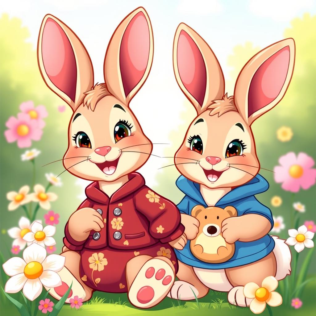 Two Joyful Rabbits | Vibrant Cartoon Art