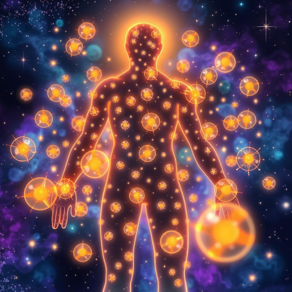 Ethereal Illustration of Glowing Human Cells in a Cosmic Scene