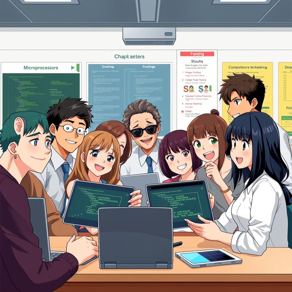 Vibrant University Life: Anime Group Chat Illustration