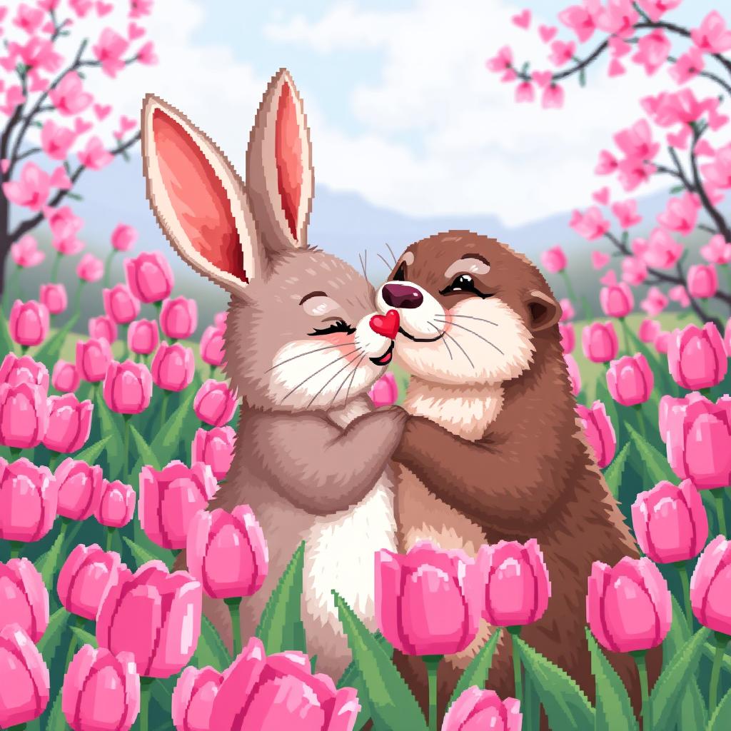 Whimsical Pixel Art: Rabbit & Otter Kiss