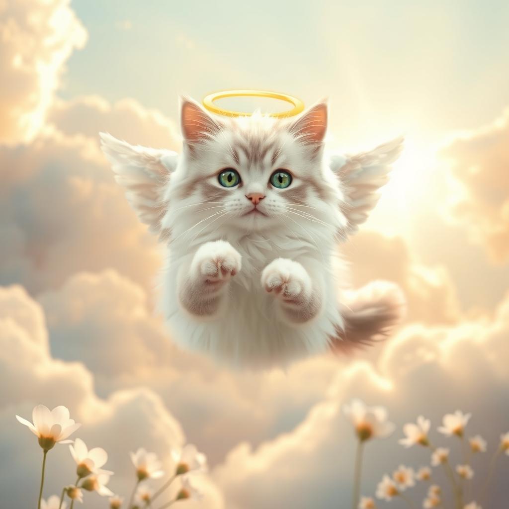 Soaring Fluffy Cat with Halo and Wings