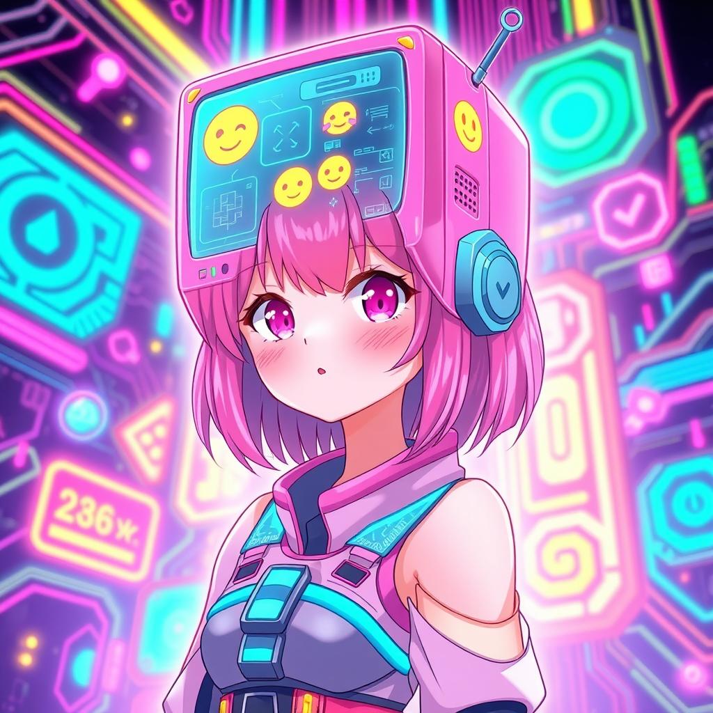 Anime Girl with Pink Computer Head: A Fusion of Technology and Fashion