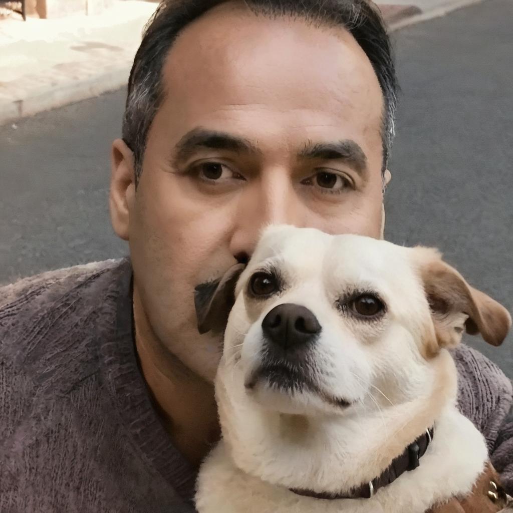 Charming Street Stroll: Man and His Fluffy Dog