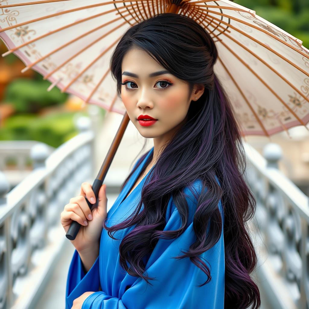 Elegance on the Bridge: A Flowing Blue Robe and Umbrella