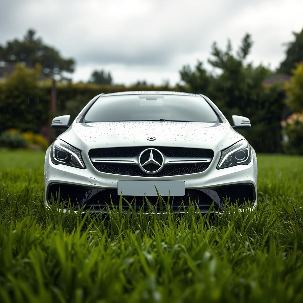 Sleek Elegance: White Mercedes-Benz in a Lush Green Yard