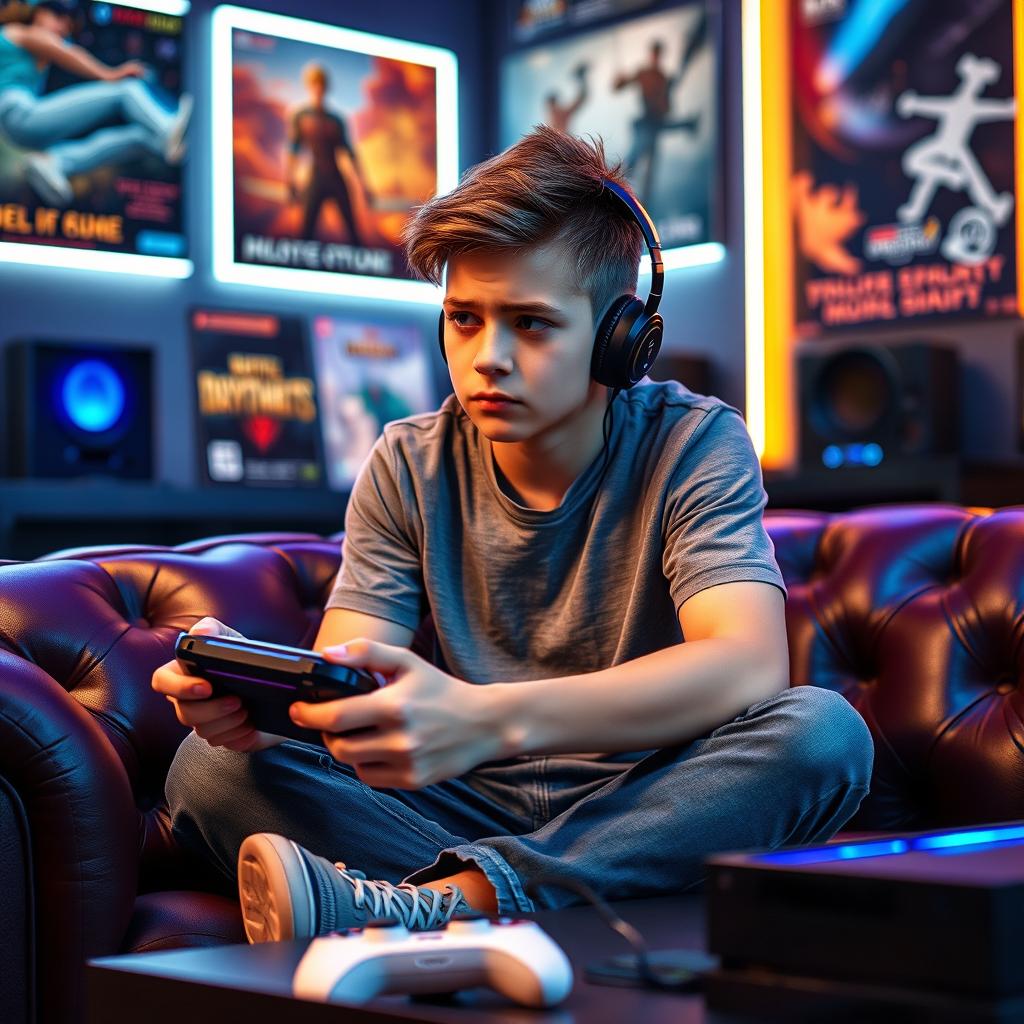Epic Gaming Moments: Young Boy on a Stylish Couch