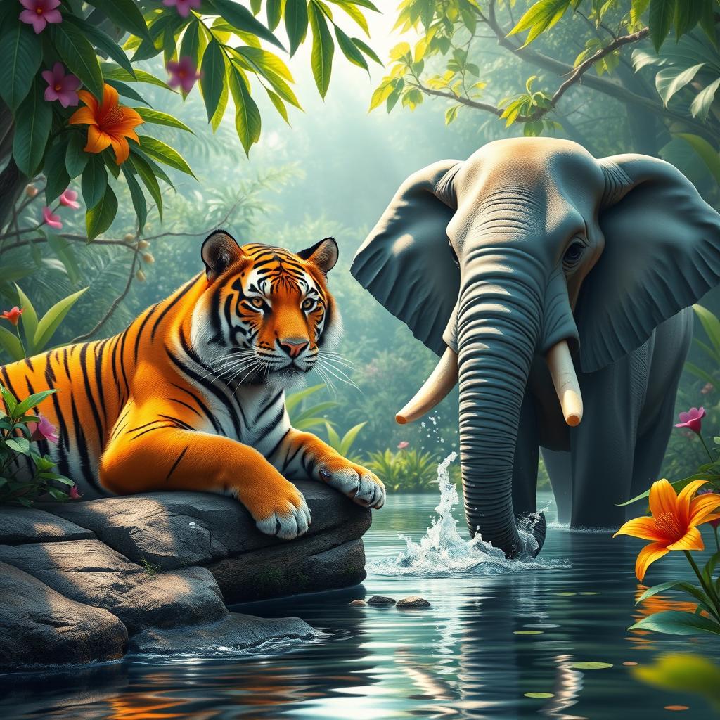 Majestic Encounter: Tiger & Elephant in a Vibrant Jungle