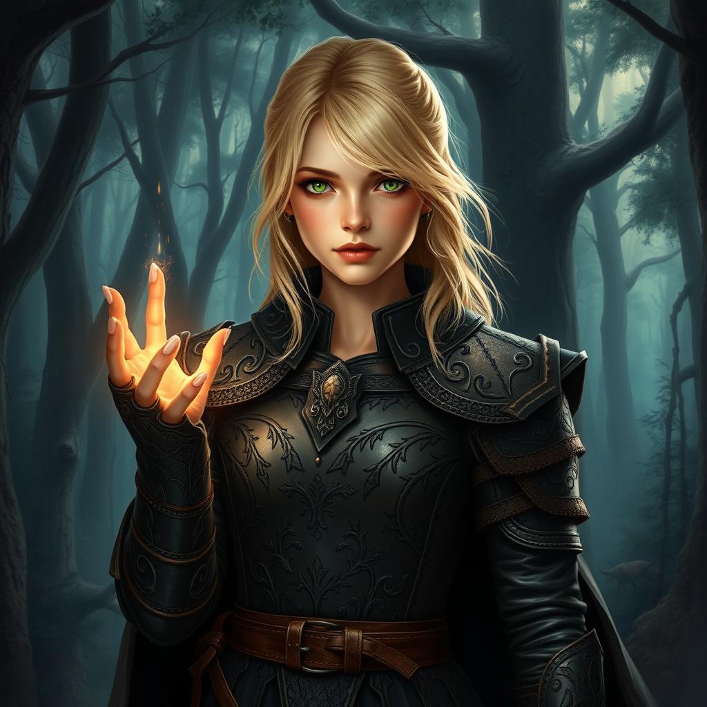 Enchanted Warrior: Blonde Beauty in Dark Forest