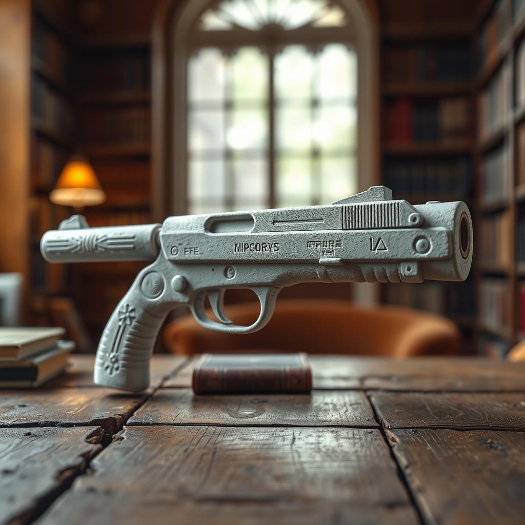 Intricate Chalk Model Gun on Rustic Wood